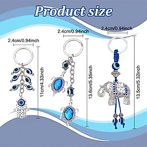 PLIGREAT 3 Pcs Evil Eye Amulet Lucky Charm Keychain, Decorative Car Hanging Ornament Elephant Turtle Hamsa Hand Charms Key Rings Inspirational Keychain Gifts for Family Women Bff Colleagues