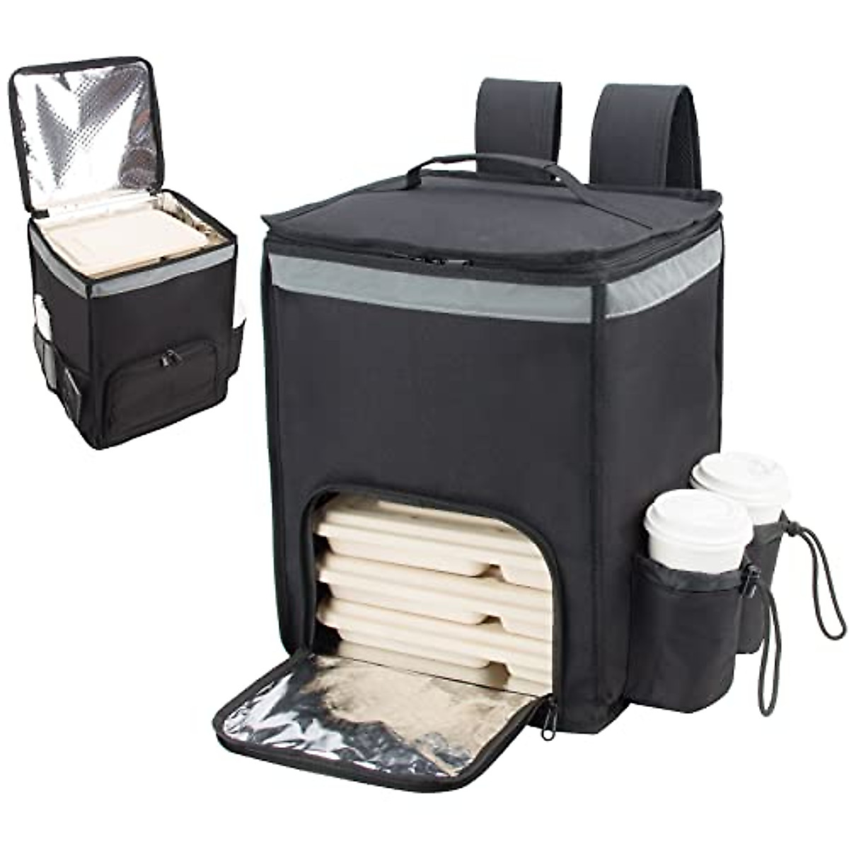 KISLANE 37L Insulated Food Delivery Backpack, 12.71’’x11.6’’x15.5’’ Food Delivery Backpack with Cup Holder, Food Delivery Bag for Food/Drink（Black）