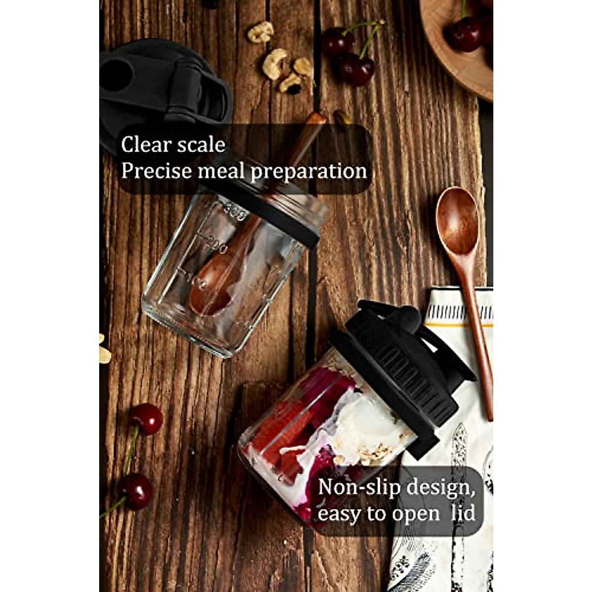 Overnight Oats Containers with Lids - 2pack Gray 10 oz Wide Mouth Mason Jar with Spoon Very Convenient for Use On The Go, Tight sealing glass jar ideal for home, office or to go