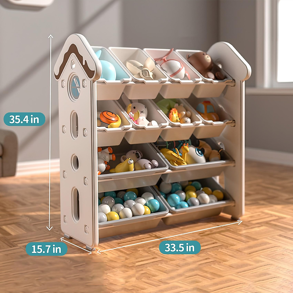 UNICOO Kids 4-Tier Toy Storage Organizer, Toy Organizer Shelf, Fun Candy House Design, Toy Shelves Organizer with 12 Bins, Toy Organizer Rack Durable and Safe HDPE Material