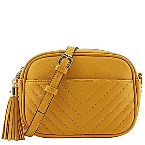 FashionPuzzle Chevron Quilted Crossbody Camera Bag with Chain Strap and Tassel (Mustard) One Size