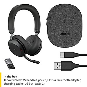 Jabra Evolve2 75 PC Wireless Headset with Advanced Active Noise Cancelling, USB-A Bluetooth Adapter and MS Teams-Compatibility - Black (Renewed)