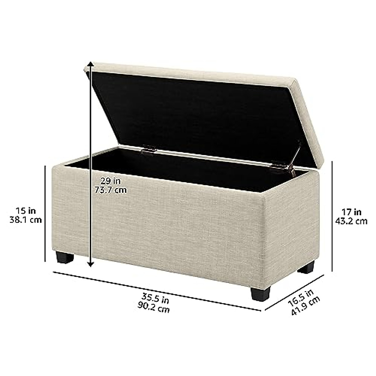 Amazon Basics Upholstered Storage Rectangular Ottoman and Entryway Bench, Beige, 35.5"W x 16.5"D x 17"H