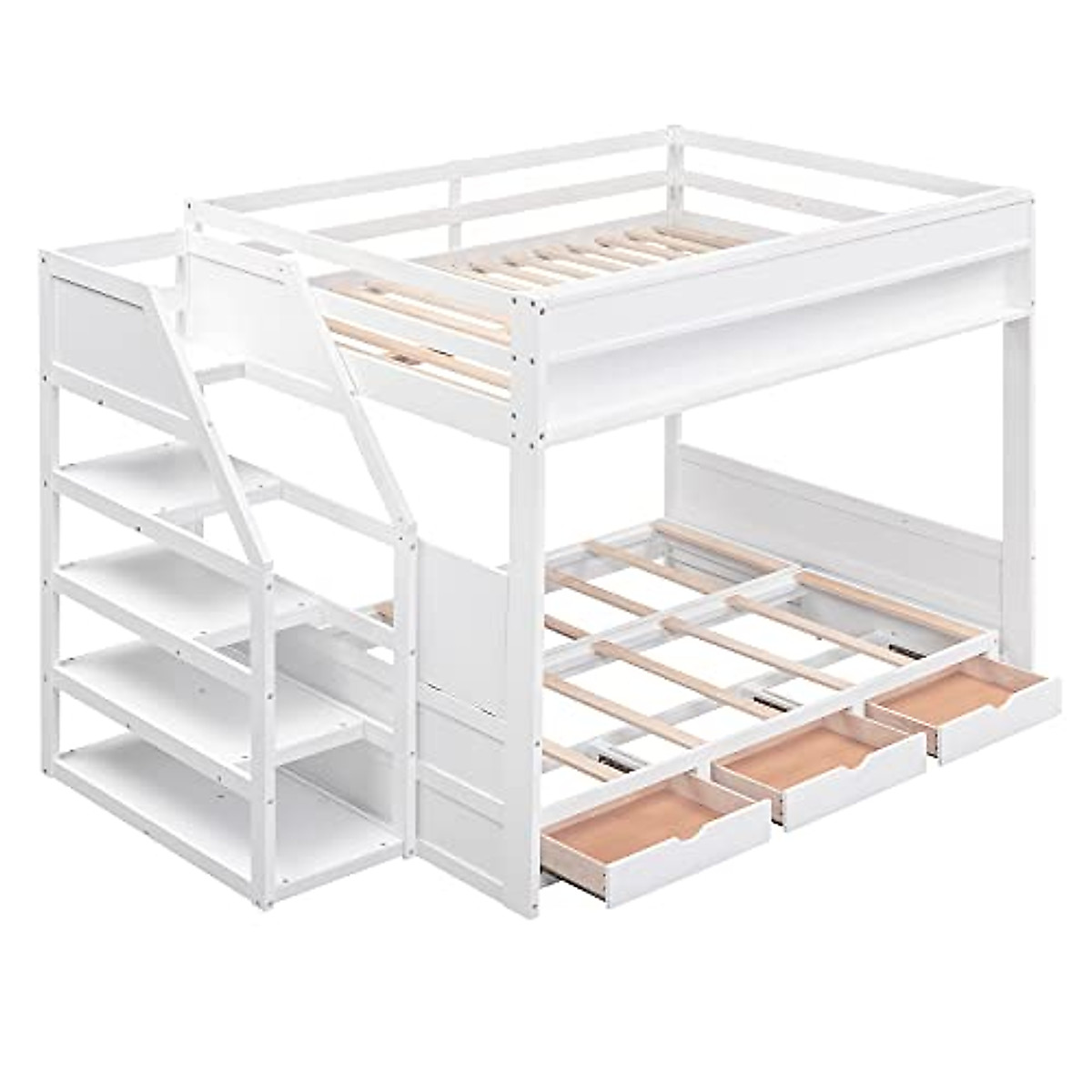 SOFTSEA Full Over Futon/Full Bunk Bed with Storage Staircases, Convertible Couch and Bed with Drawers, Wood Bunk Bed Frame for Kids Teens, No Box Spring Needed (White)
