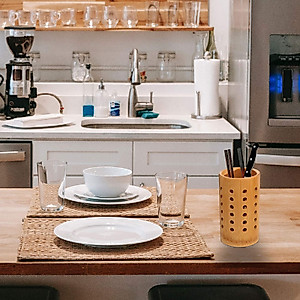 Hemoton Cooking Utensil Holder KItchen Utensil Holder Caddy Bamboo Kitchen Tool Holder Chopsticks Storage Barrel Spoon Fork Holder Cutlery Tableware Storage Container Organizer Wood Utensil Holder