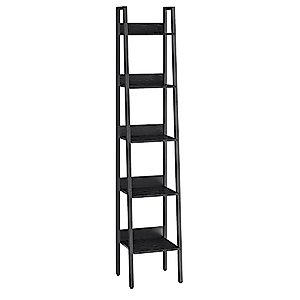 VASAGLE Bookshelf, 5-Tier Narrow Book Shelf, Ladder Shelf for Home Office, Living Room, Bedroom, Kitchen, Black with Wood Grain ULLS109B56