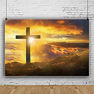 DORCEV 7x5ft Jesus Christ Cross Sunrise Photography Backdrop Mountain Top Sunset Glow Sky Background Holy Light Jesus Resurrection Christian Church Wallpaper Decor Props