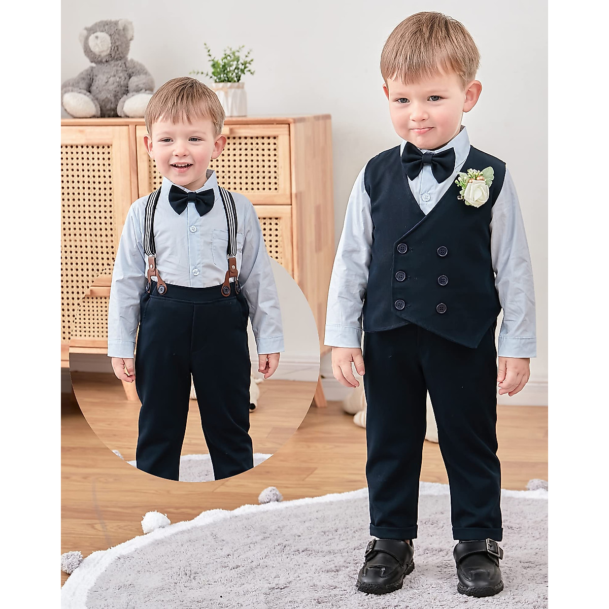 YALLET Toddler Baby Boy Clothes Suit Gentleman Wedding Outfits, Formal Dress Shirt+Bowtie+Vest+Boutonniere+Suspender Pants(V Navy Blue, 2-3T)