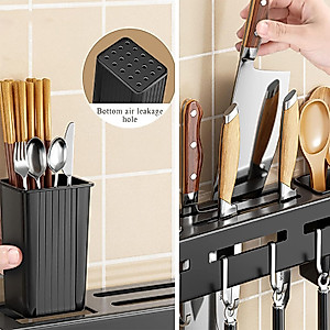 MINOCHI Knife Holder for Wall, 40cm Multifunction Kitchen Knife Storage Holder with 6 Hooks, No Punch Wall Mounted Stainless Steel Knife Rack Organizer for Hanging Spoon Chopsticks