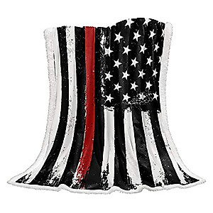 Sherpa Fleece Throw Blanket Black White and Red American Flag Home Decor Reversible Fuzzy Warm and Cozy Throws, Honoring Firefighters Redline Super Soft Plush Bed TV Blankets for Couch/Sofa/Travel