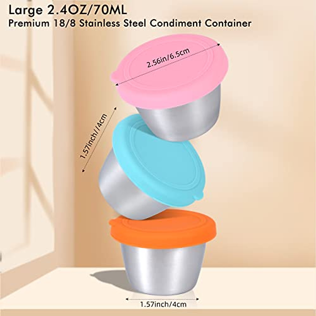 UPTRUST Salad Dressing Containers To Go, 6x2.4oz Dressing Containers for Lunch Box, Stainless Steel Condiment Containers with Lids, Rainbow Color Reusable Small Dipping Sauce Cups Set