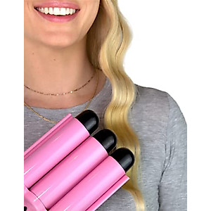Trademark Beauty Babe Waves Jumbo -Three Barrel Hair Waver, Curling Iron, 1.25 Inch, Quick Heat, Adjustable Temperature Hair Curler - Pink