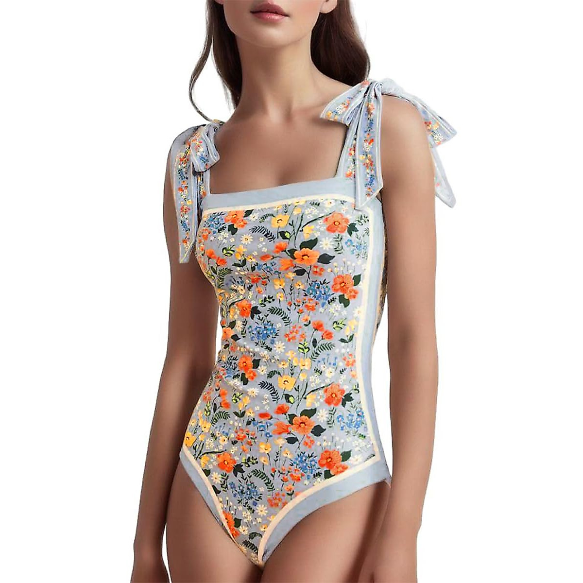 SKAYS Reversible Floral One Piece Swimsuit Women Bathing Suit Vintage Cute with Adjustable Straps Swimwear Blue L