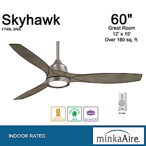 MINKA-AIRE F749L-BNK Skyhawk 60 Inch LED Ceiling Fan with Carved Wood Blades, Integrated LED Light and DC Motor in Burnished Nickel Finish