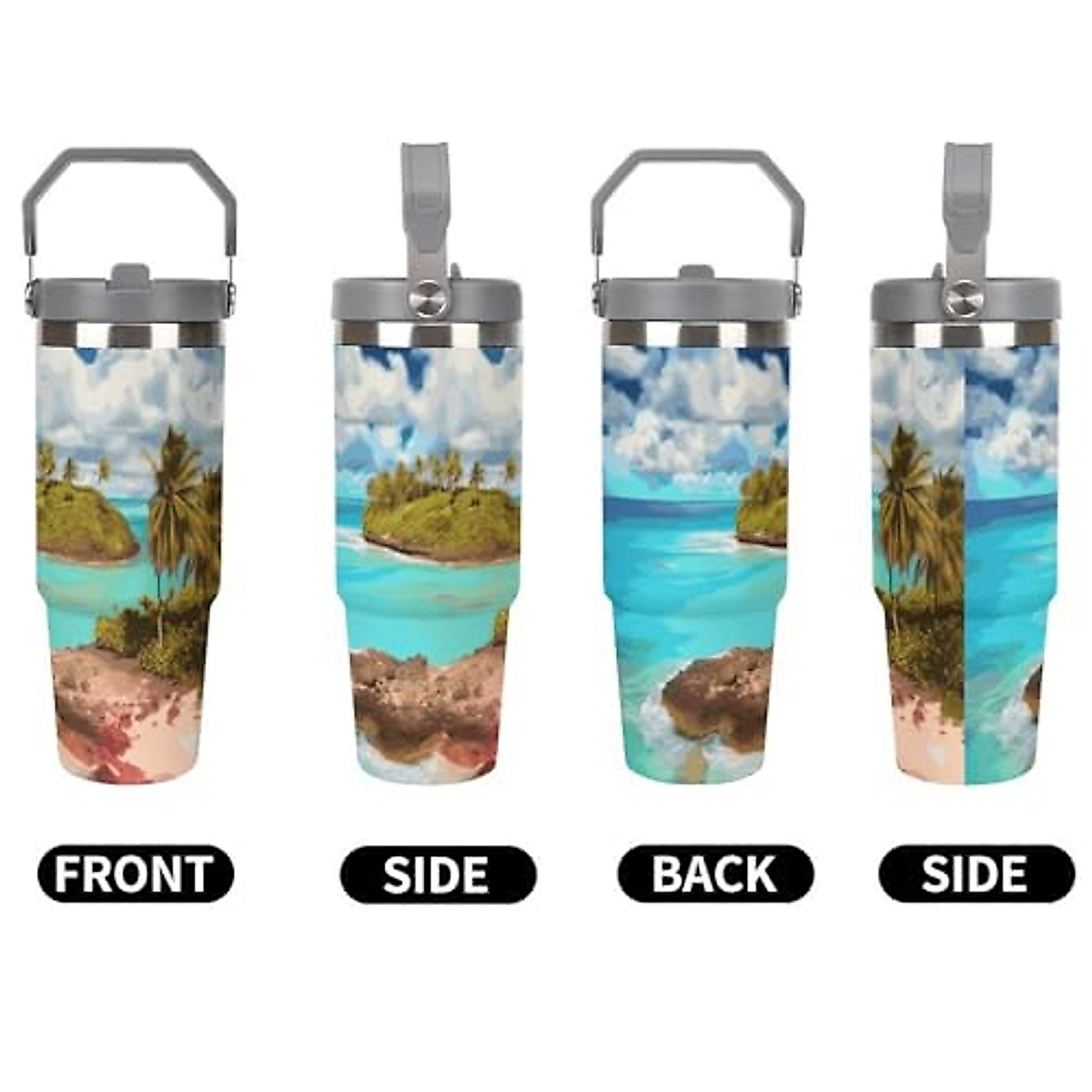 RTFGHJS Caribbean Scenery 30 Oz Tumbler with Handle And Flip Straw, Stainless Steel Vacuum Insulated Travel Mug, Thermal Cup for Coffee, Water, Iced Drinks, Fits Car Cup Holders (Home, Sports)