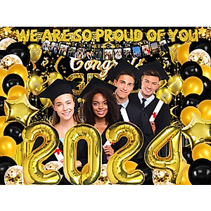 231PCS Graduation Decorations Class Of 2024, 2024 Graduation Party Decorations for High School College With Backdrop balloons Paper Plate Cup Napkin Cutlery Tablecloth Balloon Garland (Black and Gold)