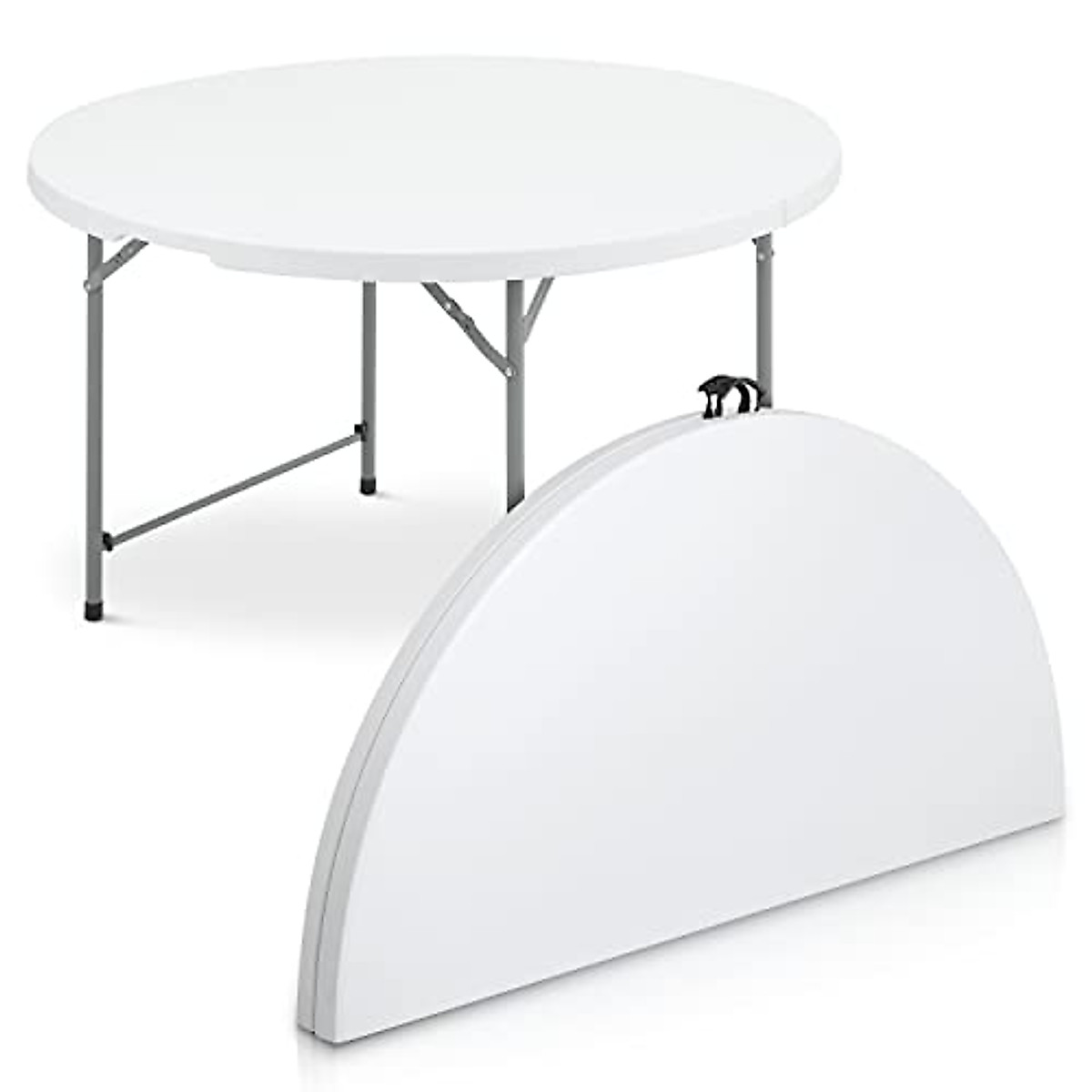 MoNiBloom 4Ft Round Folding Table, Indoor Outdoor Plastic Dining Card Table with Handle and Lock for Picnic Party Banquet Wedding, White