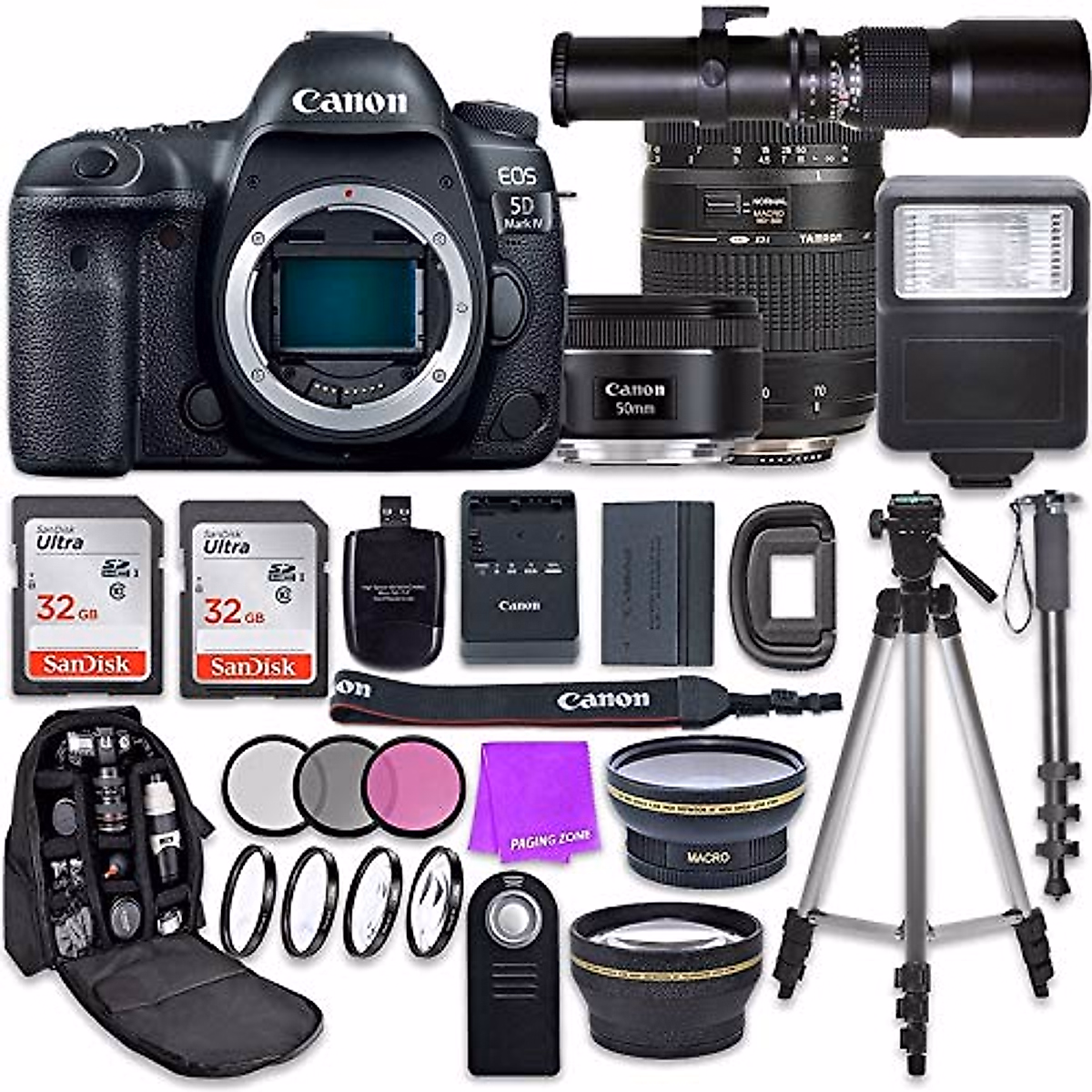 Canon EOS 5D Mark IV DSLR Camera with Canon EF 50mm f/1.8 STM Lens + Tamron 70-300mm f/4-5.6 AF Lens + 500mm Preset Telephoto Lens + Accessory Bundle (Renewed)