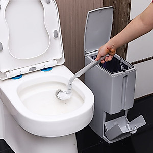 Cq acrylic 8 Liter Slim Plastic Trash Can 2.1 Gallon Small Narrow Garbage Can with Press Top Lid,Trash can with Toilet Brush Holder,Rectangular Modern Waste Can for Bathroom Grey