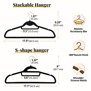 UEAKPIC Black Velvet Hangers 50 Pack, S-Shaped and Stackable Non Slip Felt Hanger with 360°Swivel Hook, Ultra Thin and Space Saving Flocked Hangers for Suits, Shirts, Coats, 15Lbs Capacity Heavy Duty