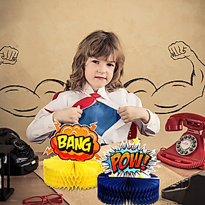 Skylety 6 Pcs Hero Themed Party Decoration Hero Honeycomb Centerpieces Hero Party Supplies 3D Table Topper Paper Hero Action Sign Table Topper Decor 7.5 x 7.8 Inch for Happy Birthday Baby Shower Favor