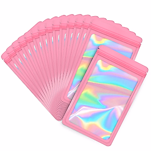 EONJOE 100-pack 3×4 inch mylar bags with clear window holographic resealable sealable packaging zip bag for small bussiness jewelry candy sample food packing supplies （Pink）