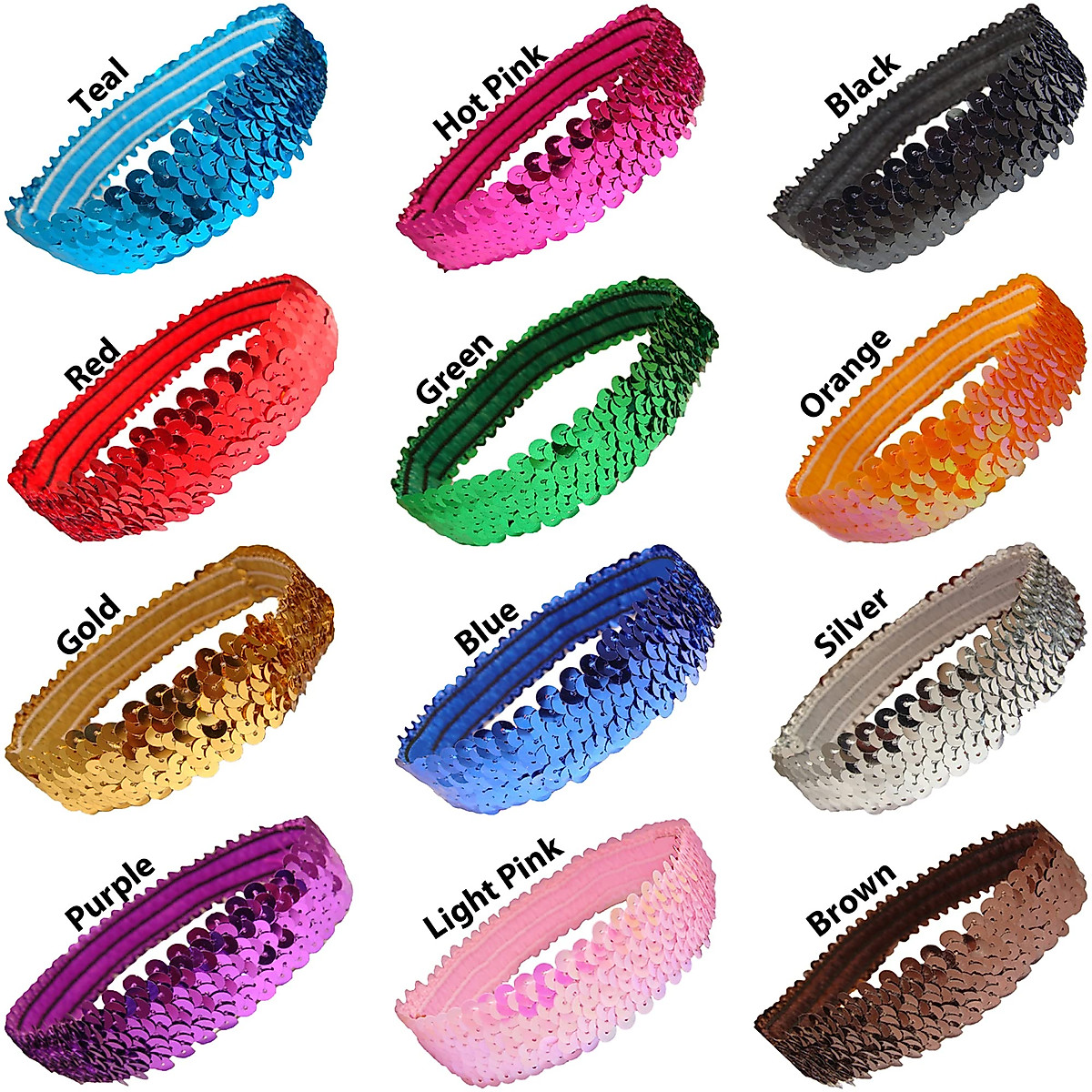 12 Sequin Headbands U PICK (Available in LOTS of COLORS) Elastic Stretch Sparkly Fashion Headband for Teens Girls Women Softball Pack Volleyball Basketball Dance Set Sports Teams Store By Kenz