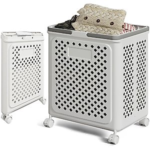 Desricy Collapsible Laundry Basket with Wheels and Handle, 50L Foldable Rolling Laundry Cart, Versatile Plastic Laundry Hamper, Dirty Clothes Hamper for Dorm, Bedroom and Bathroom, White