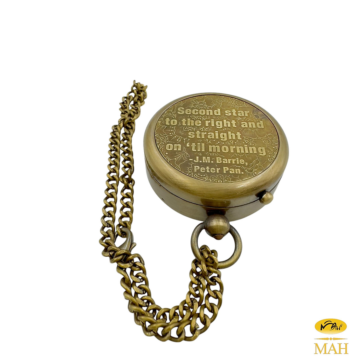 Second Star to The Right J. M. Barrie, Peter Pan Engraved Handmade Brass Compass for Birthday, Graduation Day, Confirmation Gift, Valentine Gift Parting Gift and Campion, Hiking Compass with Case