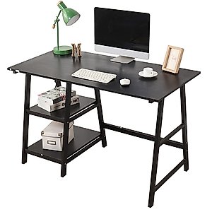 Trestle Desk with 2 Shelves, soges 47 inches Reversible Storage Desk with Racks, Home Office Computer Desk Organizer Workstation, Student Desk Wooden School Desk, Black