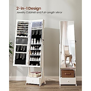 Hzuaneri 8 LEDs Jewelry Cabinet, 42.5" Tall Frameless Mirror Jewelry Armoire, Freestanding Makeup Jewelry Storage with 1 Drawer, 5 Shelves, Jewelry Organizer, White and Black JC14803B