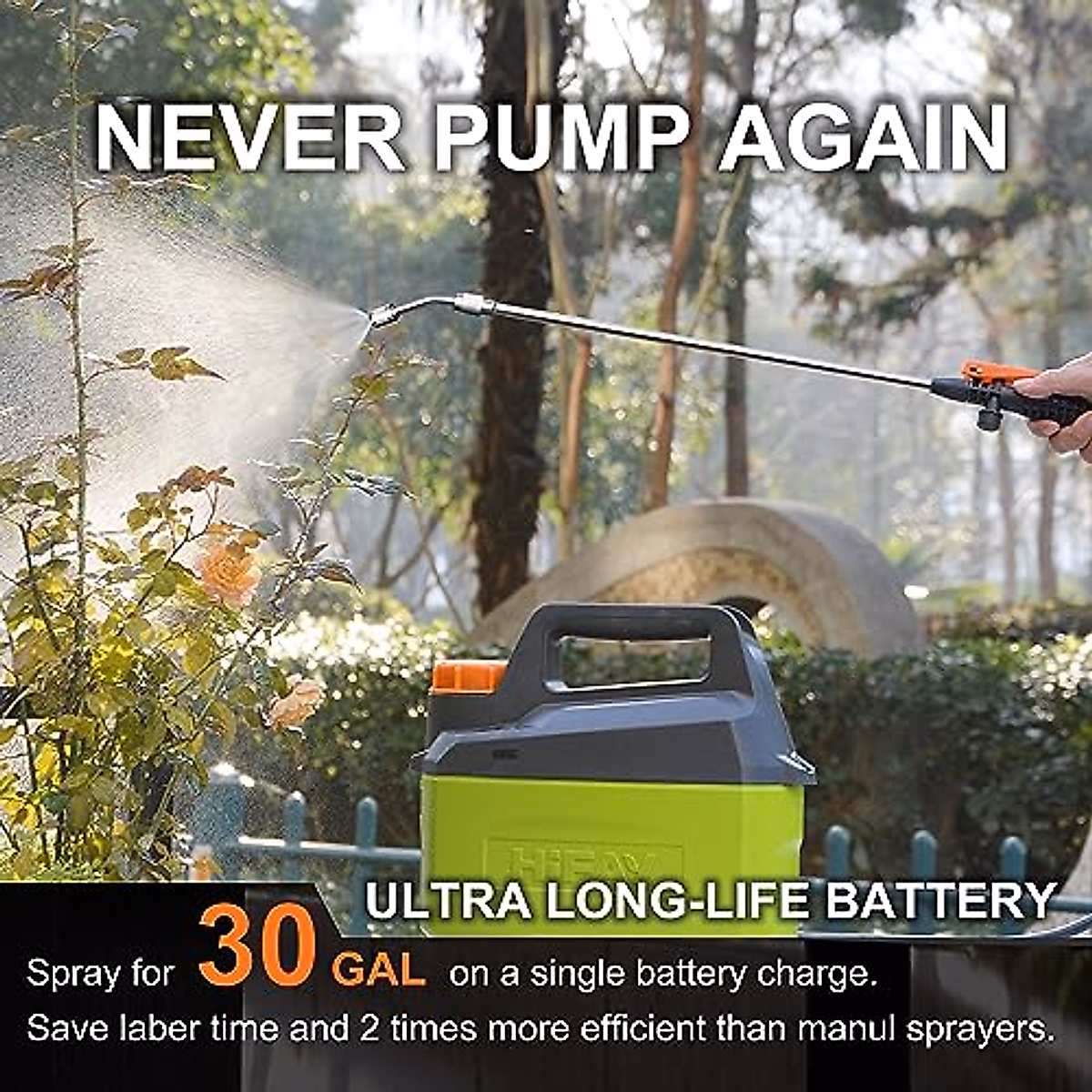 HIFAY ES4 Electric Sprayer 1 Gallon Built-in 4000mAh Rechargeable Battery, Copper-Nickel Spray Nozzle Makes The Spray More Delicate, The Telescopic Spray Rod Can Reach Further