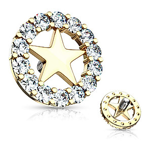 Covet Jewelry CZ Paved Circle Outlined Star Center Internal Threaded Dermal Anchor Tops (Gold)