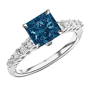Houston Diamond District 0.95 Carat t.w 14K White Gold Classic Prong Set Side Stone Diamond Engagement Ring w/a 0.5 Carat Princess Cut Blue Diamond Heirloom Quality