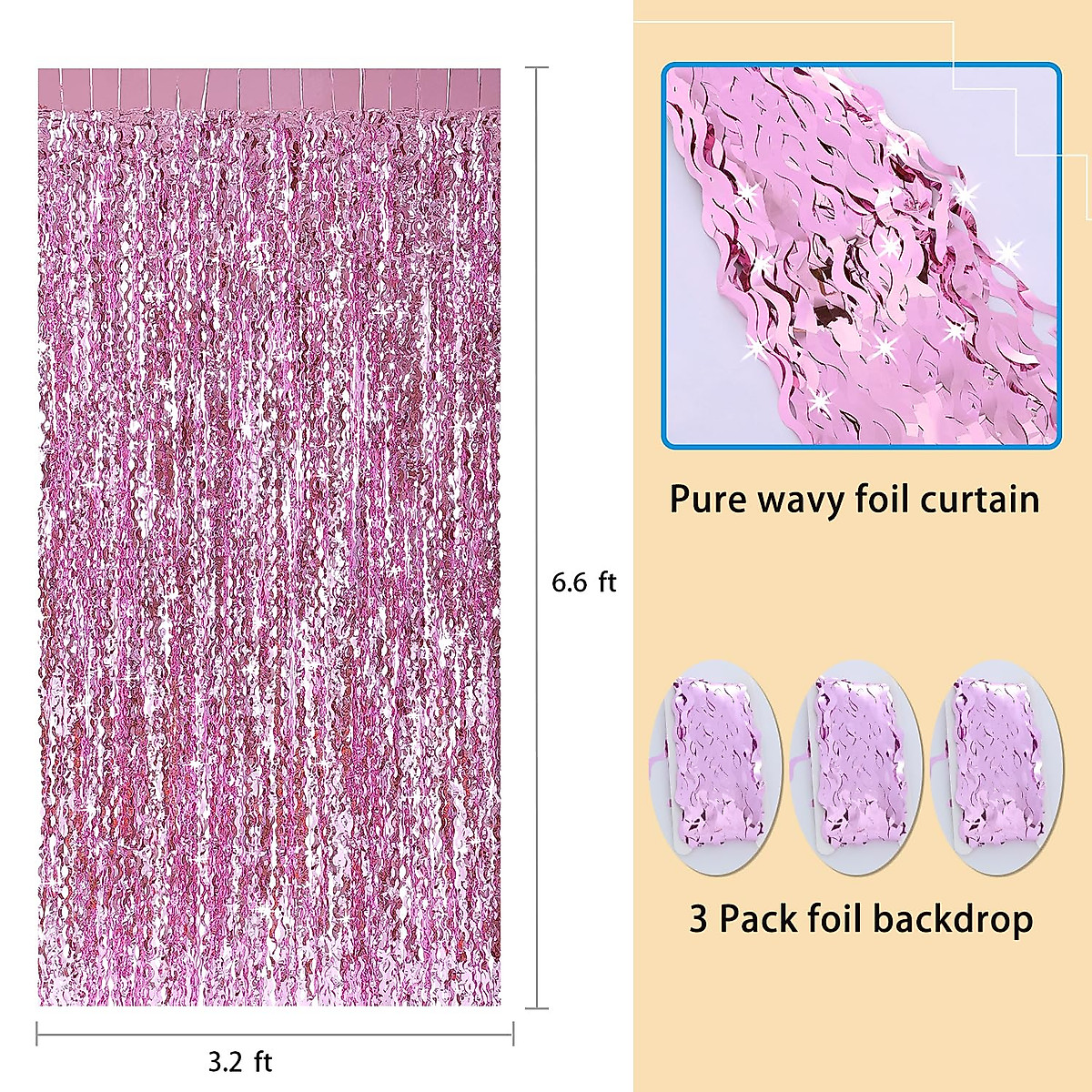 Pink Foil Fringe Curtain - Wavy Pink Fringe Backdrop 3.3 x 6.6 Feet, Pack of 3 | Pink Streamers Party Decorations Pink Birthday Decorations Valentine's Day Decoration Party Supplies