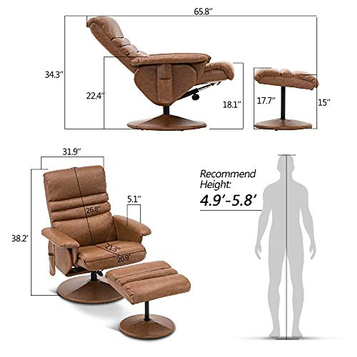 MCombo Recliner with Ottoman, Reclining Chair with Massage, 360 Swivel Living Room Chair Faux Leather, 7902 (Saddle)