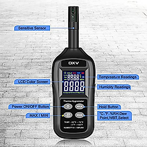 OXV Thermo-Hygrometer Digital Temperature Humidity Meter, Professional Psychrometer with Dew Point and Wet Bulb Temperature Reader,Min/Max Value,Data Hold,Color LCD Display