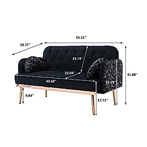 Modern Velvet Accent Sofa, 55" Upholstered Loveseat Sofa Couch with Button Tufted Backrest, Loveseat Accent Sofa with Elegant Pillows and Golden Metal Legs for Living Room Bedroom Office, Black