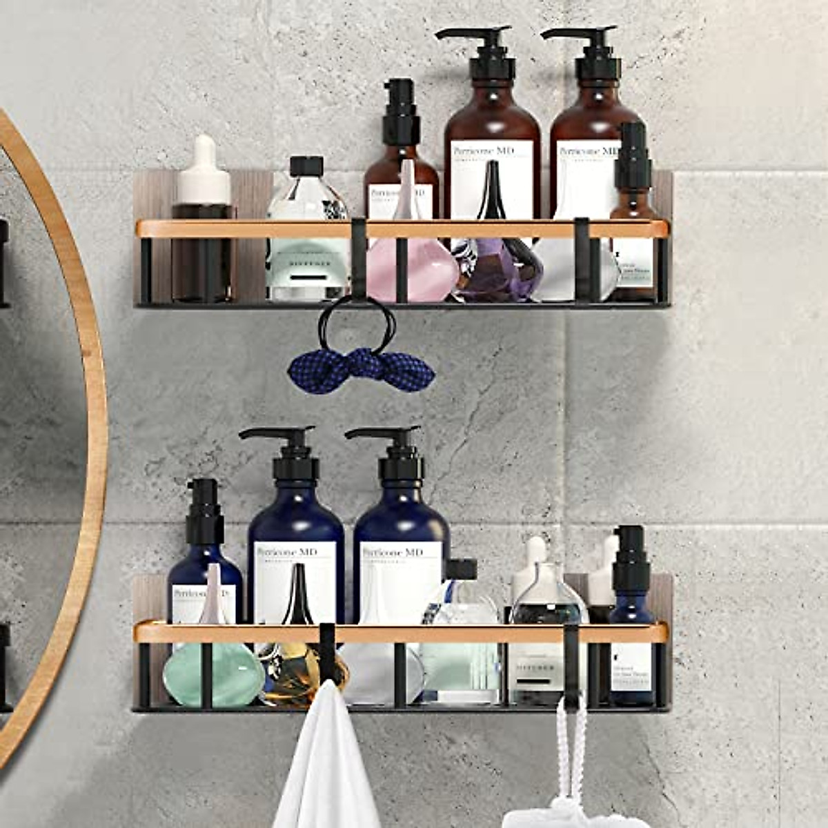 YHANEC 2 Pack Shower Caddy No Drilling Traceless Adhesive Shower Shelves Rustproof Space Aluminium Bathroom Shower Organizer with Hooks for Bathroom, Restroom, Kitchen