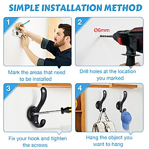 PEOIAOY 6 Pack Coat Hooks Wall Mount Heavy Duty Utility Retro Double Hooks for Hanging Coats,Hat, Towel, Key, Robe, Scarf, Bag, Cap (Black)