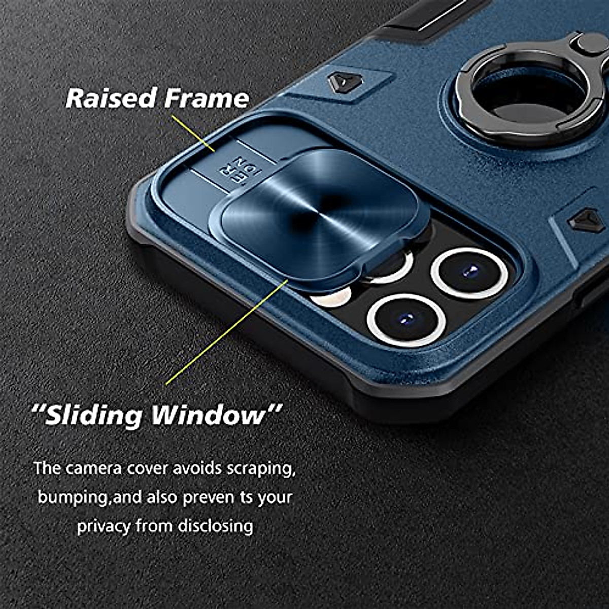CloudValley for iPhone 12 Pro Max Case with Camera Cover & Kickstand, Slide Lens Protection + 360° Rotate Ring Stand, Impact-Resistant, Shockproof, Protective Bumper, Blue Armor Style