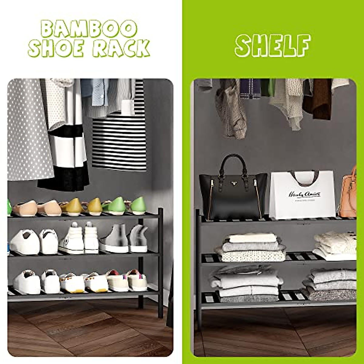 BMOSU Bamboo Shoe Rack for Entryway Stackable Shoe Shelf Premium Storage Organizer for Hallway Closet Living Room Bedroom Organizer(Black, 3-Tier L-33.3")