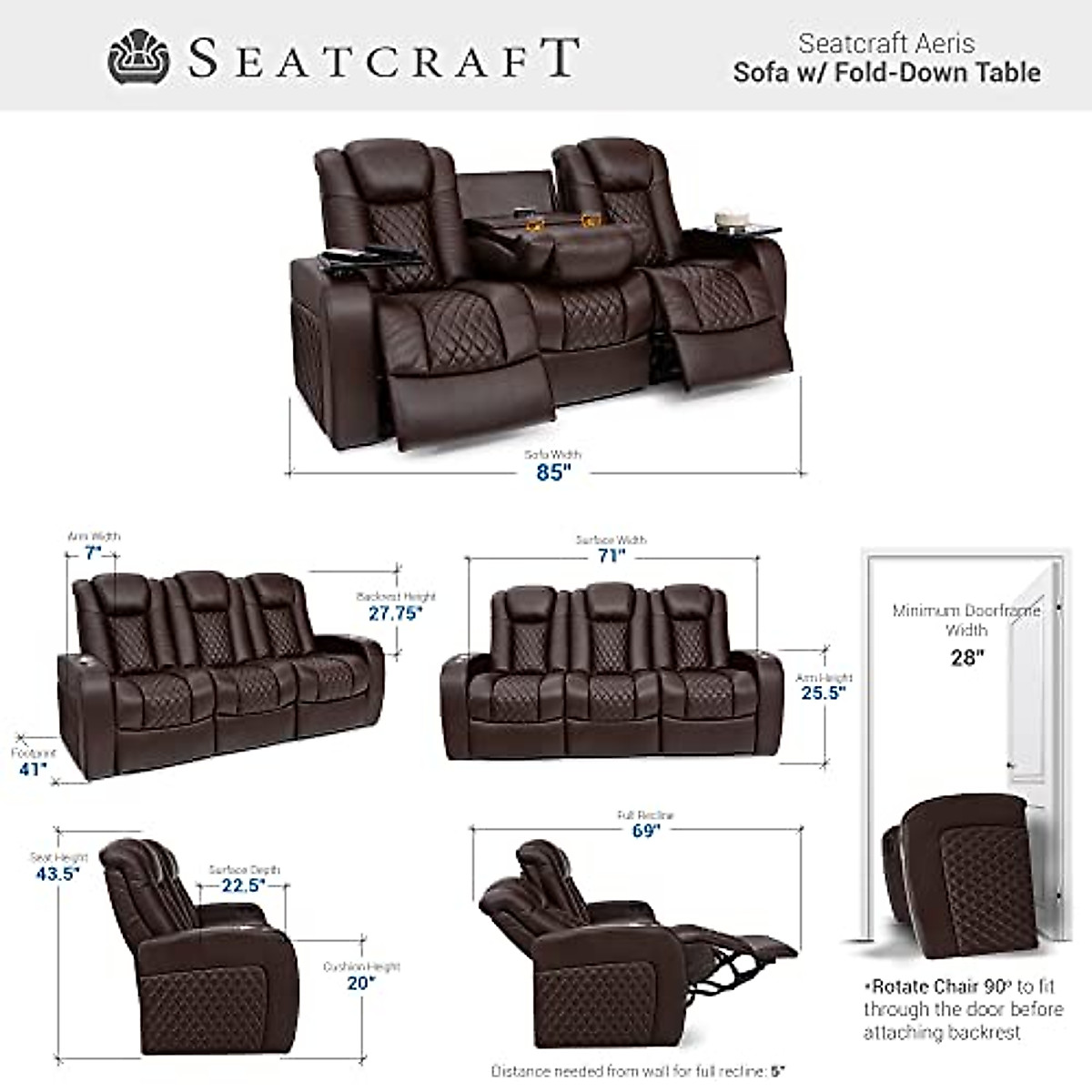 Seatcraft Aeris Sofa, Leather Gel, Powered Headrest, Power Recline, Fold-Down Table w/USB, Power, Brown