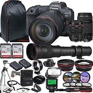 Canon EOS R5 Mirrorless Camera w/RF 24-105mm f/4 L is USM Lens + EF 75-300mm f/4-5.6 III Lens + 420-800mm f/8.3 HD Lens + 2X 64GB Memory + Case + Filters + TTL Flash + More (35pc Bundle) (Renewed)