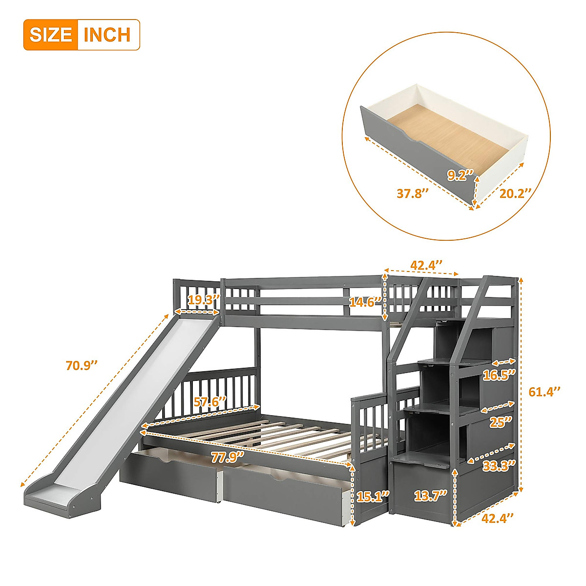 Twin Over Full bunk Bed with Drawers,Storage and Slide - Twin Over Full Bed Frame for Kids, Teens Bedroom, Guest Room Furniture, No Box Spring Needed