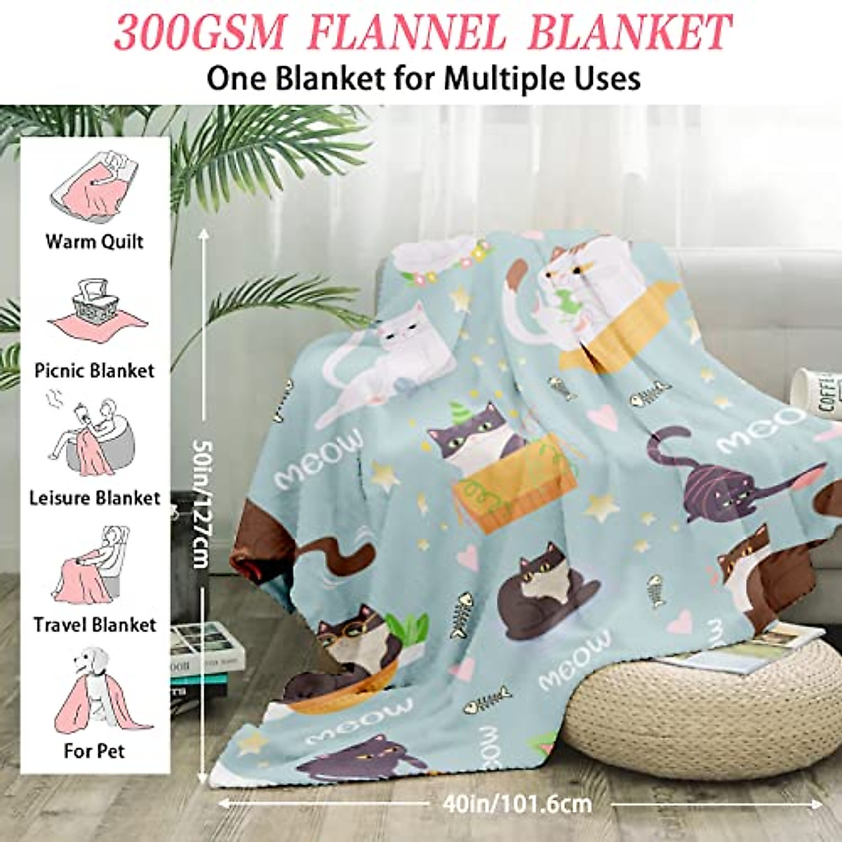 udten Cat Lover Gifts for Women Cute Cat Blanket Cat Gifts for Women Girls, Cat Throw Blanket Cat Mom Gifts for Women Birthday Mother's Day Children's Day Gifts,50"x40"