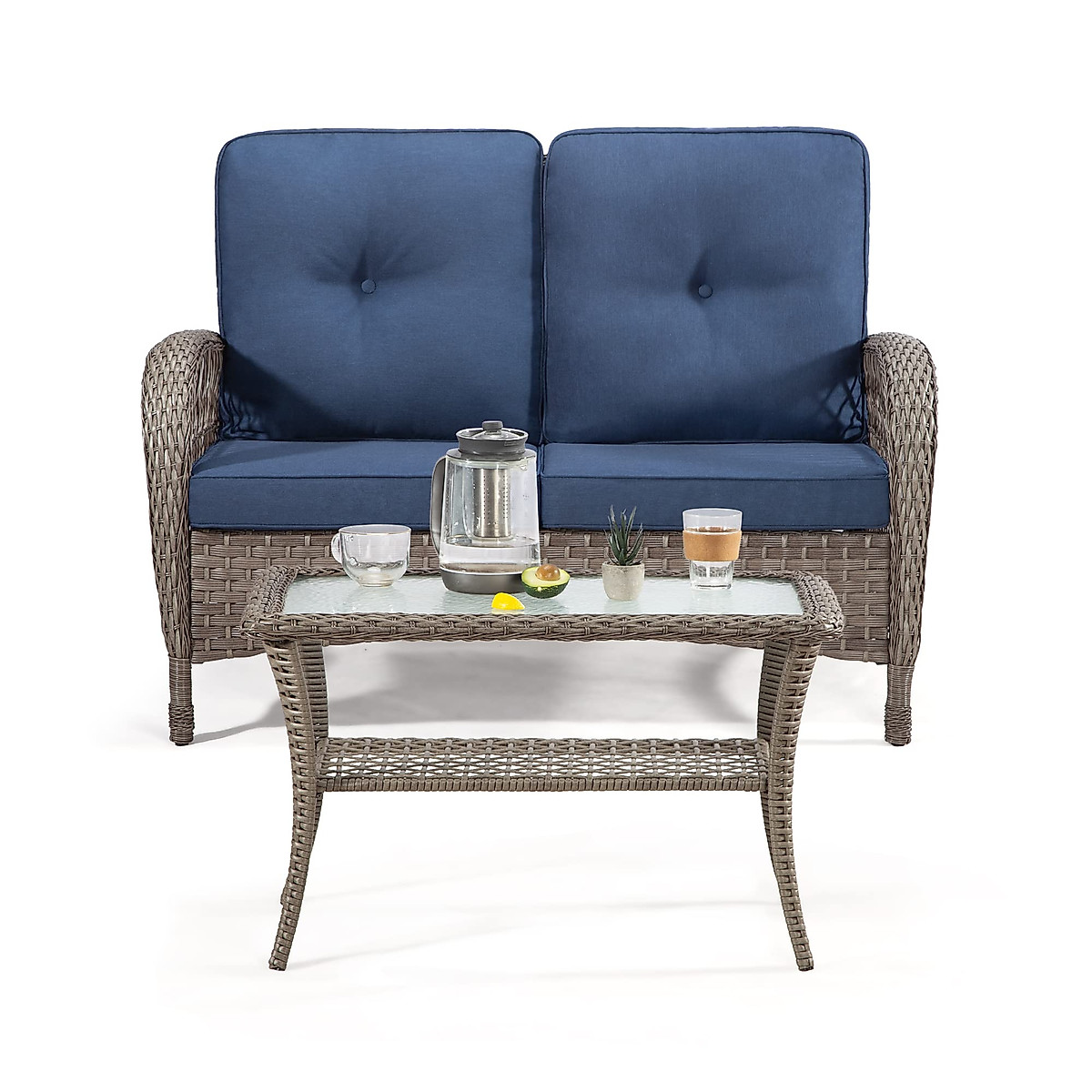 Joyside Patio Wicker Furniture Set - 2 Pieces Patio Conversation Set with One Love Seat & One Coffee Table, All Weather Resin Rattan Sofa & Table with Olefin Cushions for Patio(Brown/Blue)