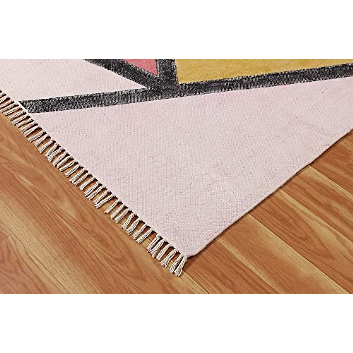 Casavani Hand Block Printed Cotton Dhurrie Geometric Pink & Yellow Area Rug Doormat Floor Rug Indoor Area Rugs for Bedroom Living Room Laundry Room 3x20 Feet Runner