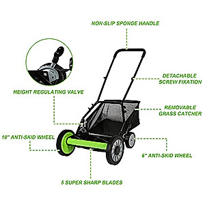 16-Inch 5-Blade Cordless Manual Reel Lawn Mower, Adjustable Cutting/Handle Height Grass Cutter with Grass Catcher, Green