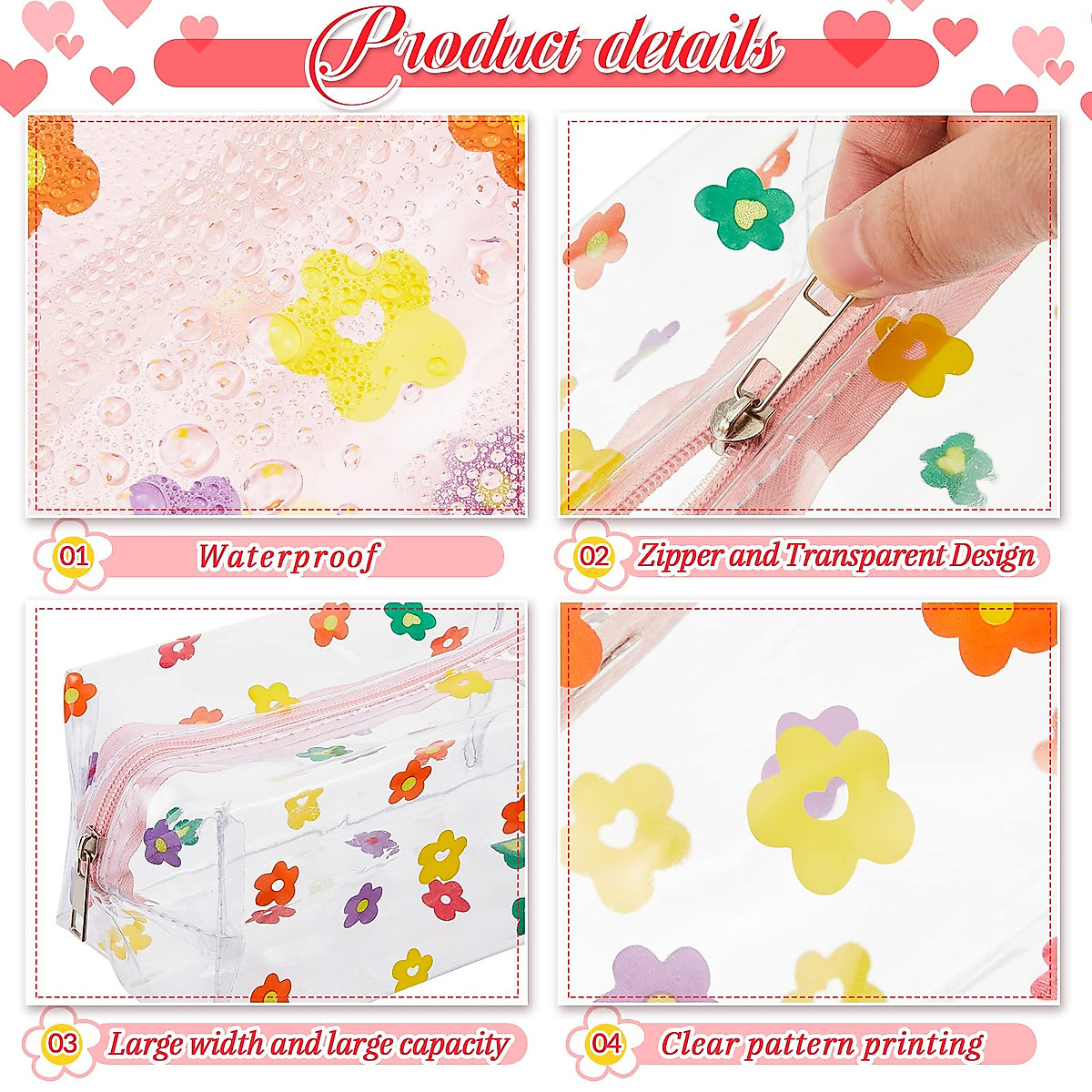 Henoyso 4 Pcs Clear Small Makeup Bag with Zipper Cute Flower Daisy Heart Strawberry Cosmetic Bags Transparent Makeup Pouch Cartoon Pencil Case Waterproof Toiletry Organizer for Travel